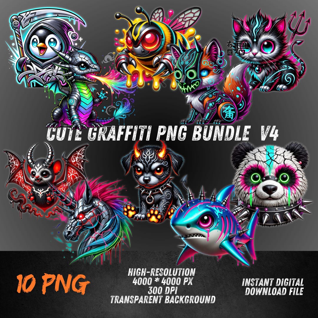 Cute Graffiti PNG Bundle V4 - Cyber Neon DTF Transfer, Sublimation ...
