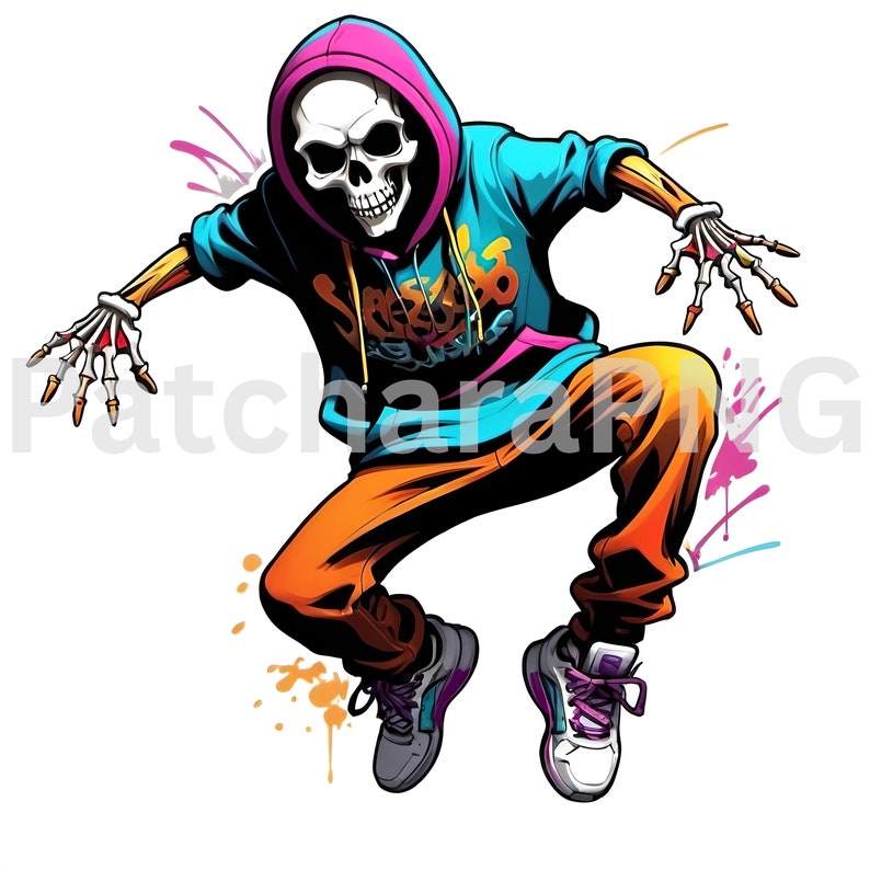 Cartoon Free Running Skeleton Art Print, Hip-hop Skeleton Graffiti Art ...