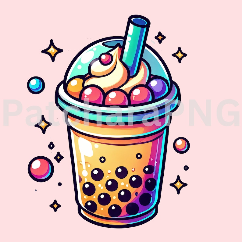 Colorful Bubble Tea Clipart Cute Boba Digital Art Kawaii Boba Sticker ...
