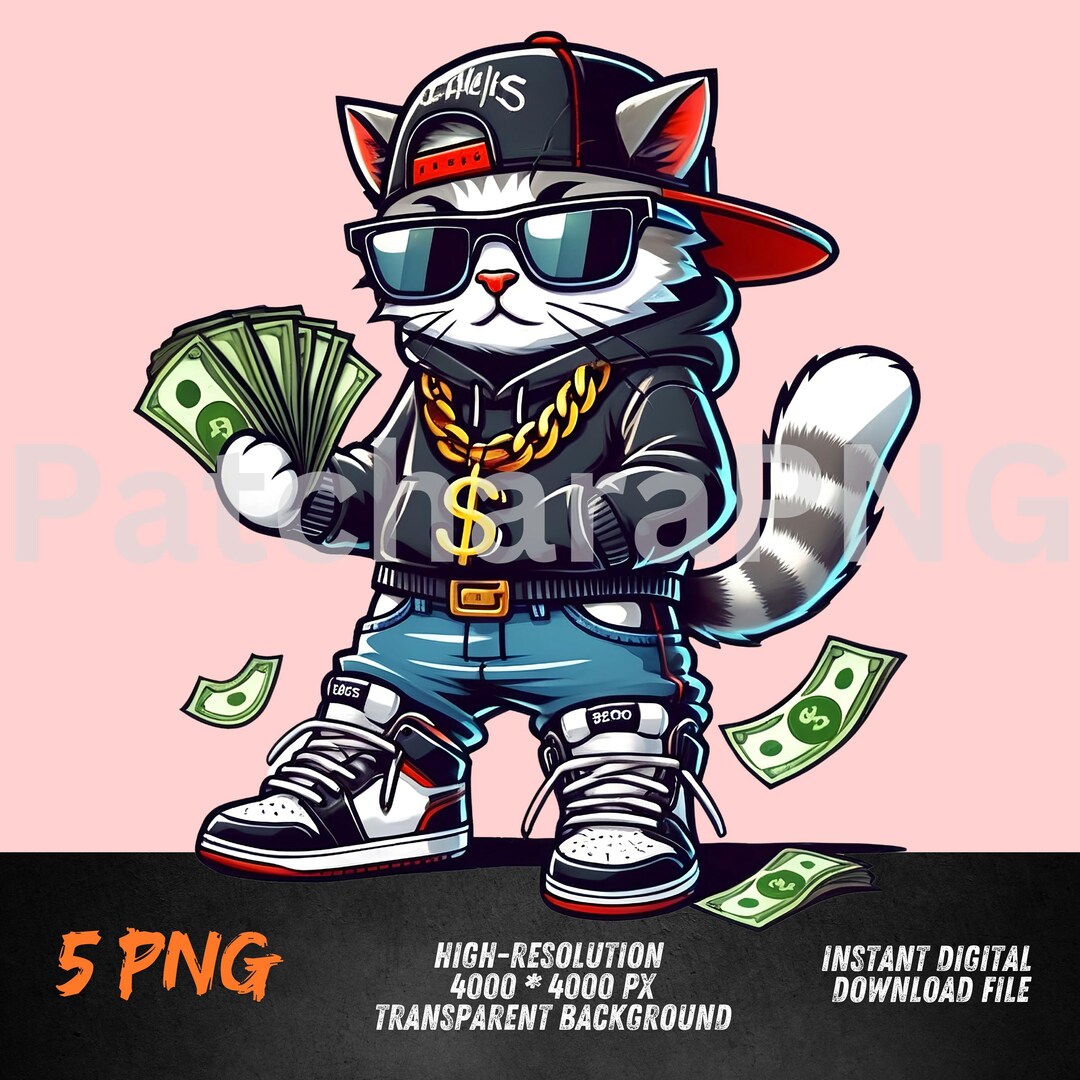Hip-hop Cat Cartoon Clipart | Cool Cat With Gold Chain & Money ...