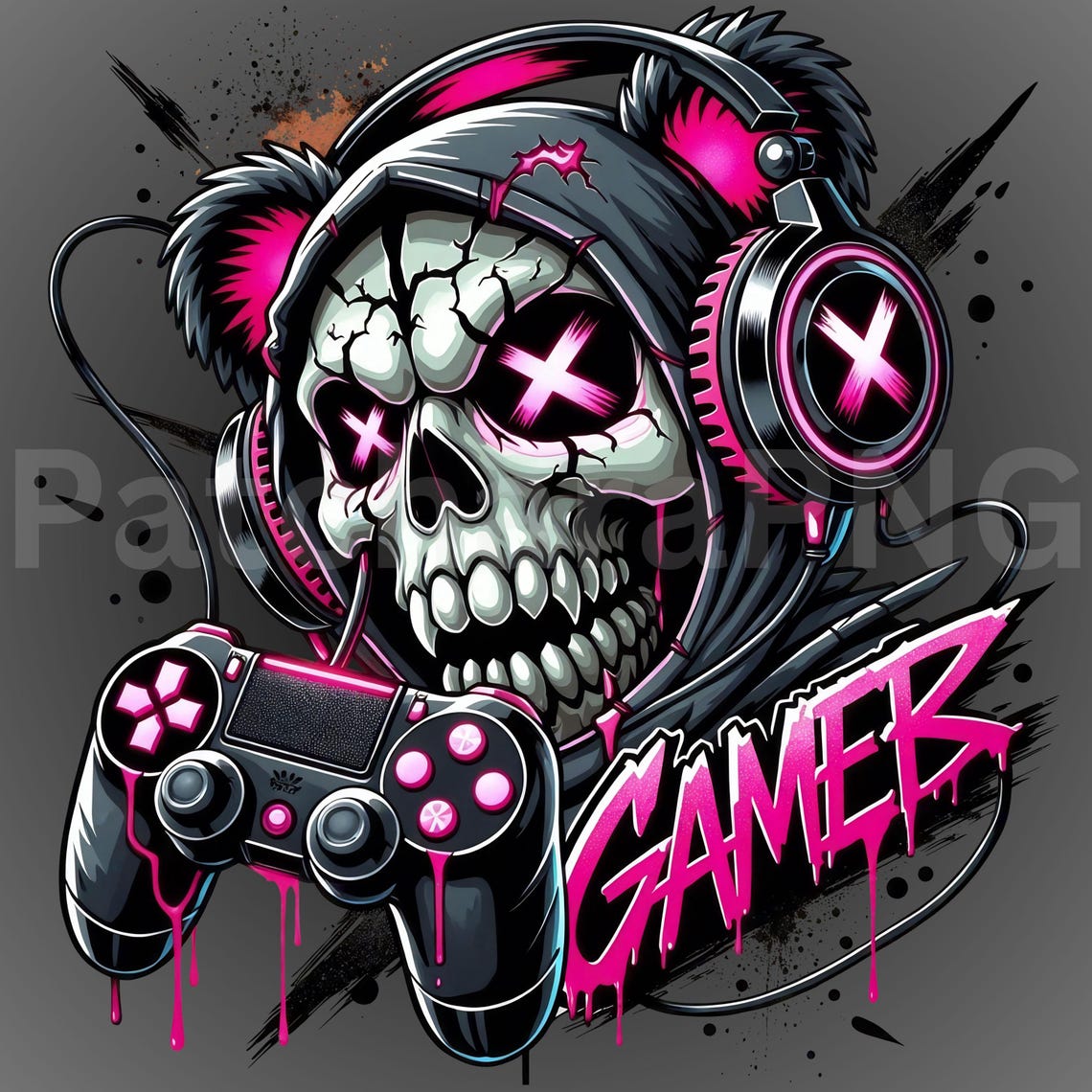 Gamer Skull PNG With Controller | Graffiti Gaming Clipart | Neon ...