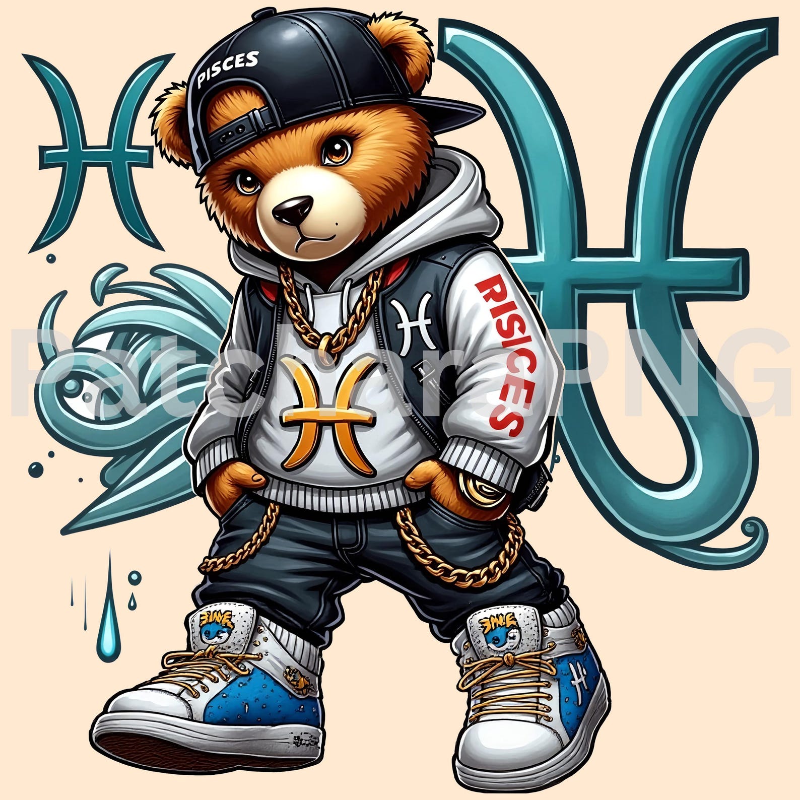Pisces Zodiac Hip-hop Teddy Bear Clipart | Cool Cartoon Bear With ...
