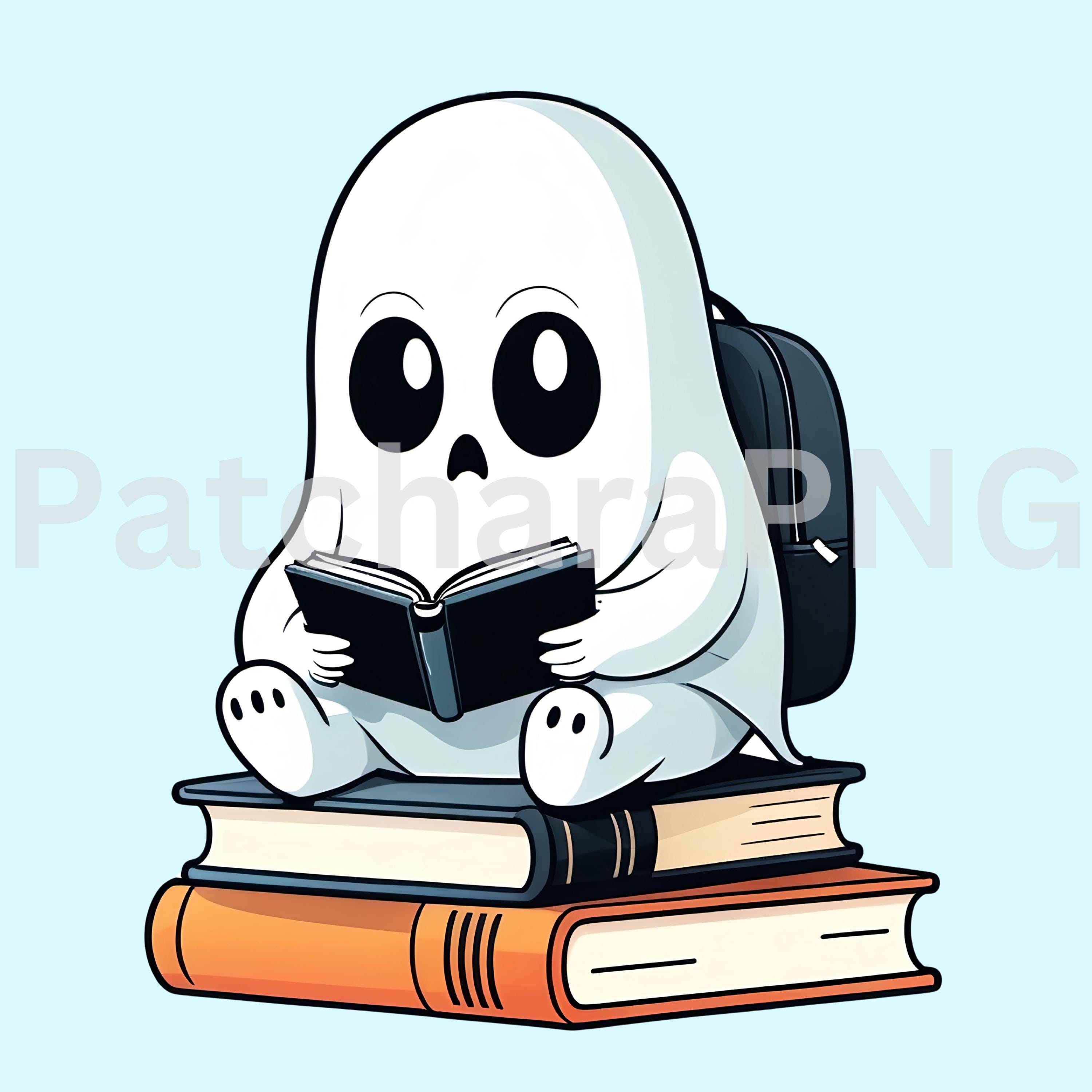 Cute Ghost Reading a Book Cartoon | Whimsical Academic Art | Spooky ...