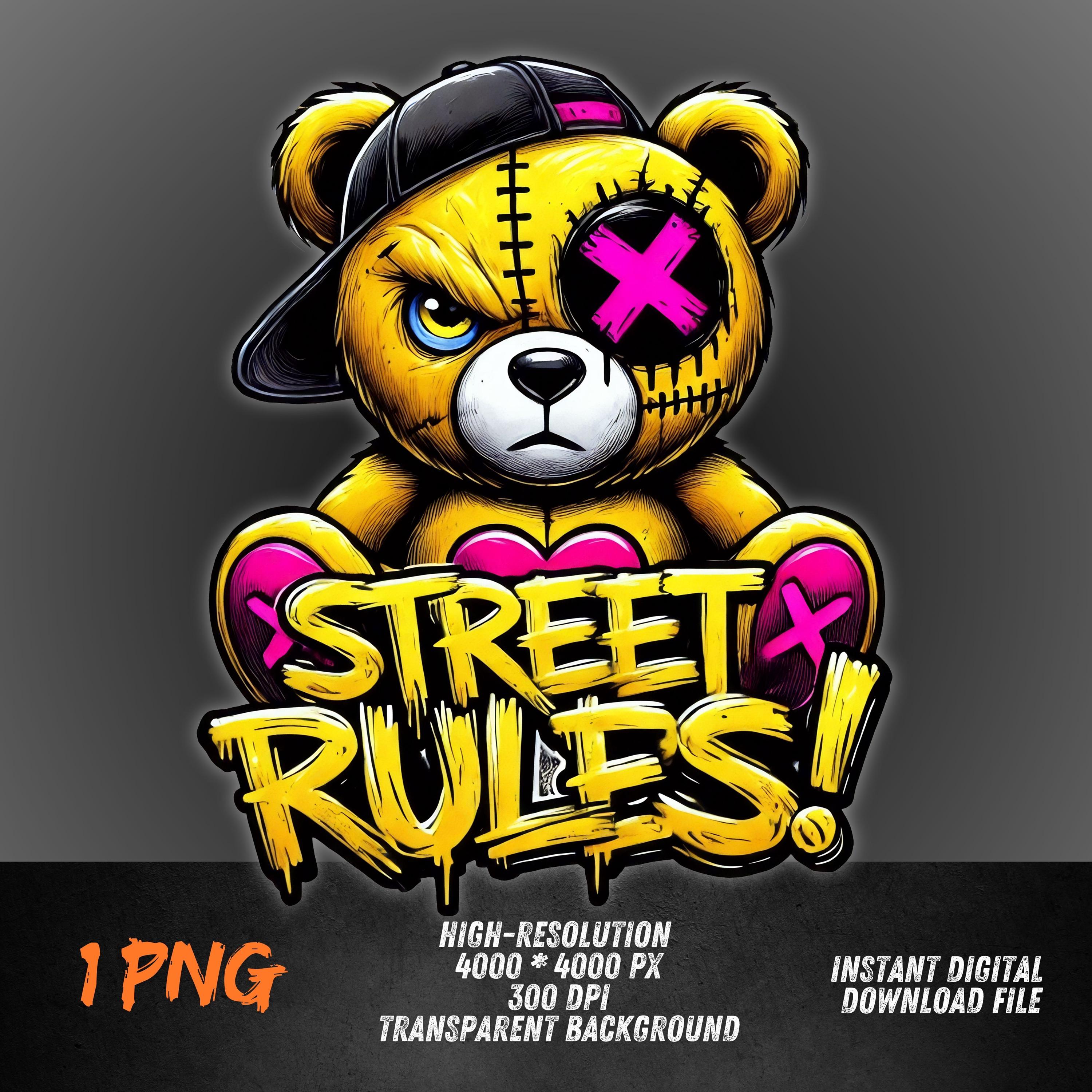 Street Rules Bear PNG | Graffiti Patch Teddy Clipart | Urban Hustle Sublimation Design | Bold ...