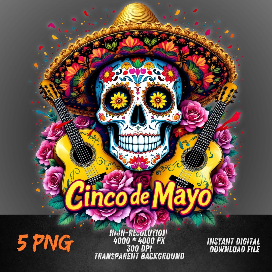 Cinco De Mayo Skull PNG | Sugar Skull With Sombrero Guitars | Mexican ...