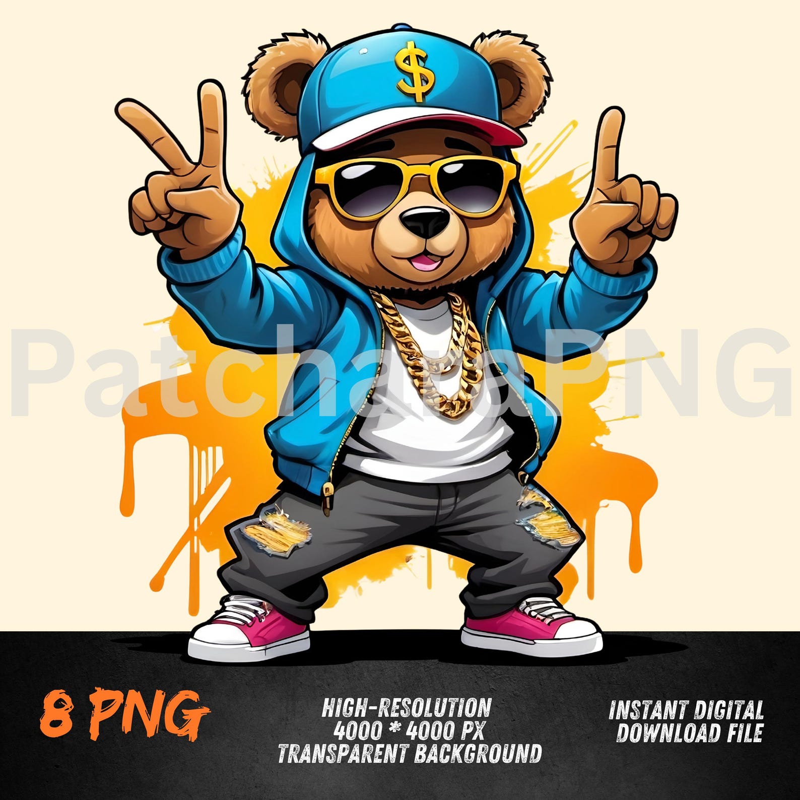 Peace Sign Bear PNG | Blue Teddy Clipart in Shades and Chains | Hip Hop ...