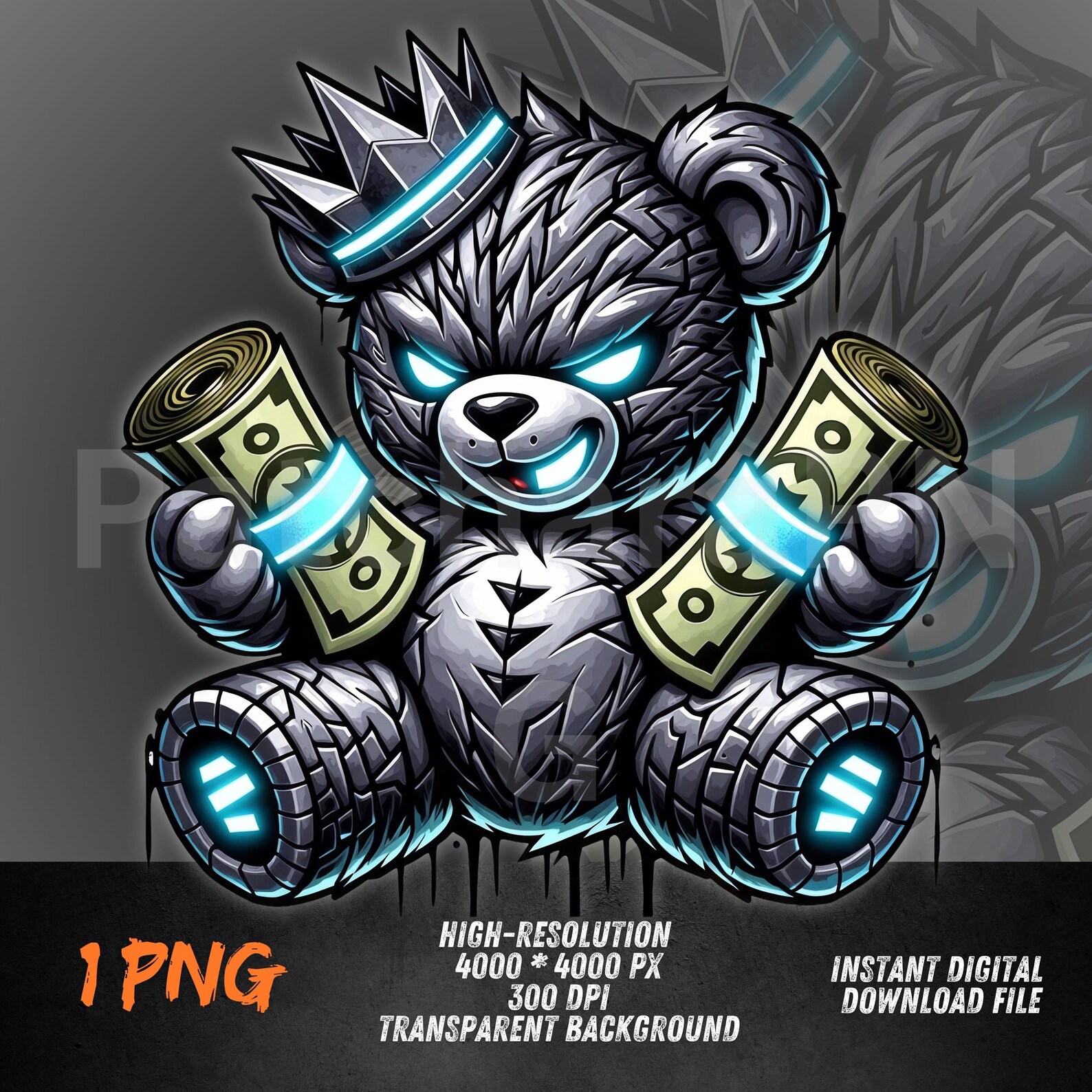 Cyber Hustle Bear PNG | Robot Money Teddy Clipart for DTF Shirt ...