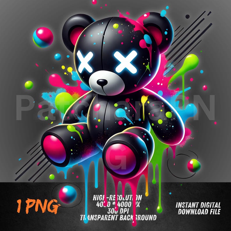 Neon Splatter Bear PNG | Colorful Teddy Clipart With X Eyes | Graffiti ...