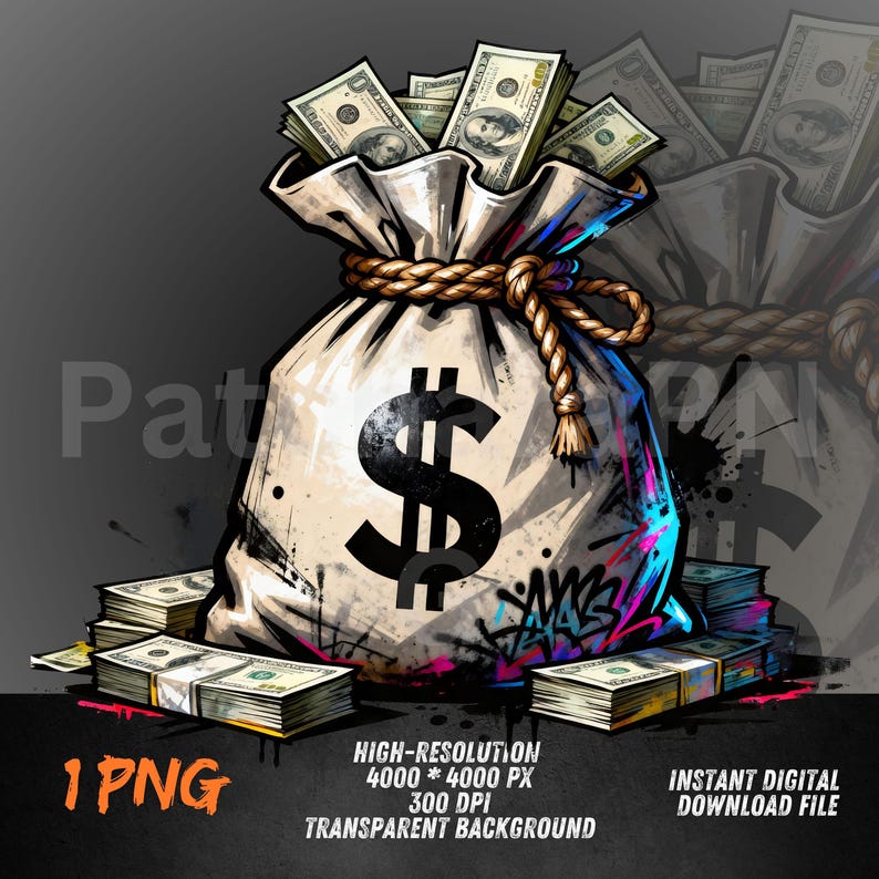Money Bag PNG Graffiti Style | Dollar Cash Clipart for Shirt ...