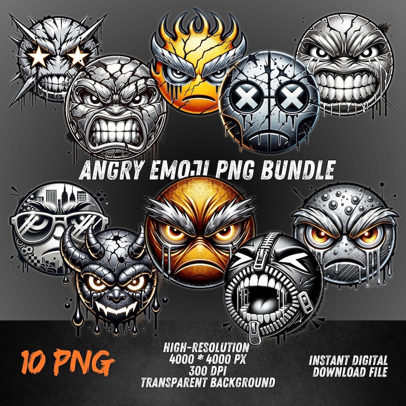 Angry PNG Bundle (10 Pack) | Graffiti Sublimation Faces for DTF, T ...