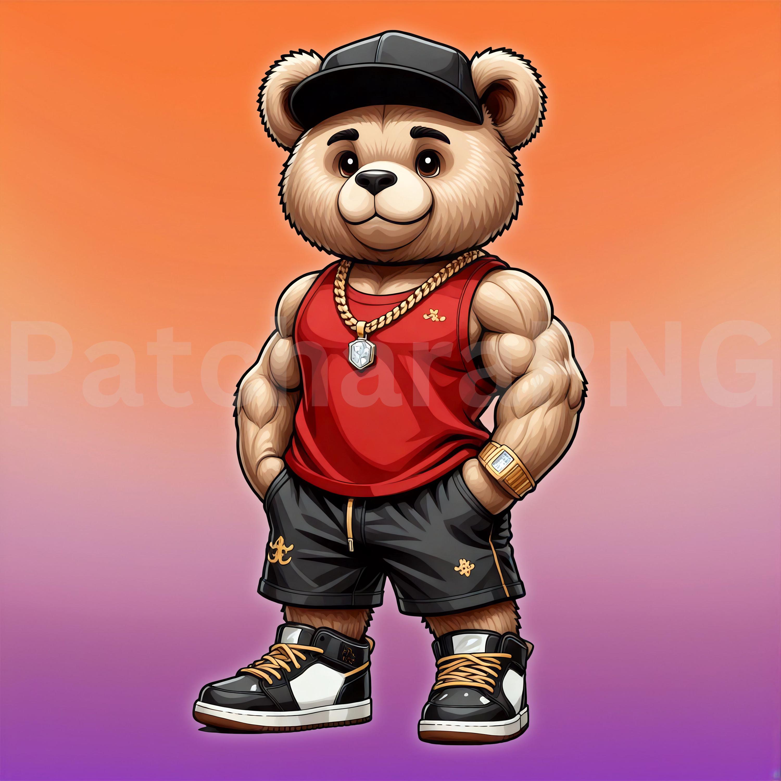 Muscular Teddy Bear Clipart | Hip-hop Gym Bear PNG | Strong Urban Bear ...
