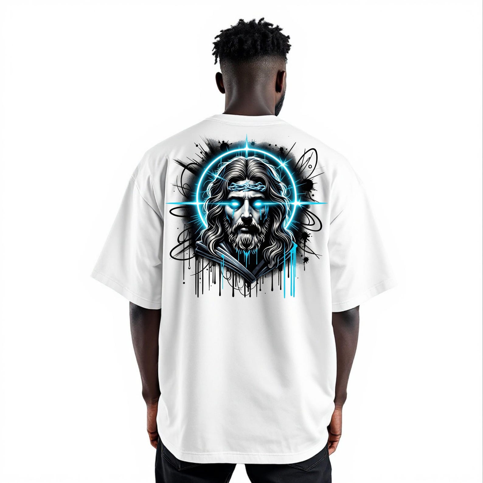 Jesus Dark Art PNG Neon Blue Halo Chrome Drip Religious Illustration - Etsy