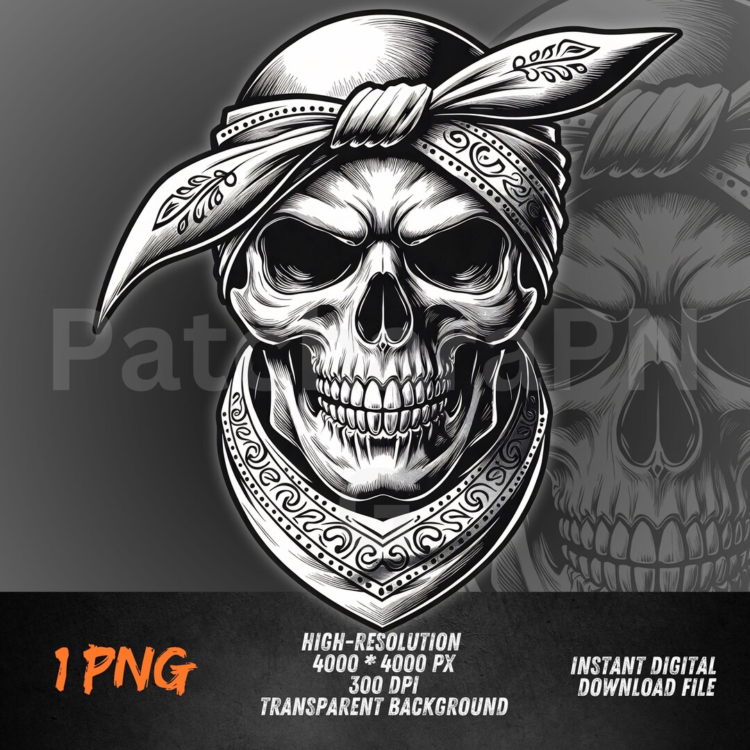 White Bandana Skull PNG | Gangsta Skull Clipart for Sublimation | Urban ...