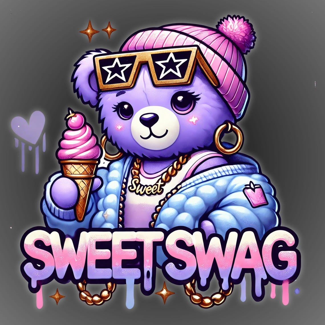Sweet Swag Bear PNG | Purple Teddy Clipart With Ice Cream and Shades ...