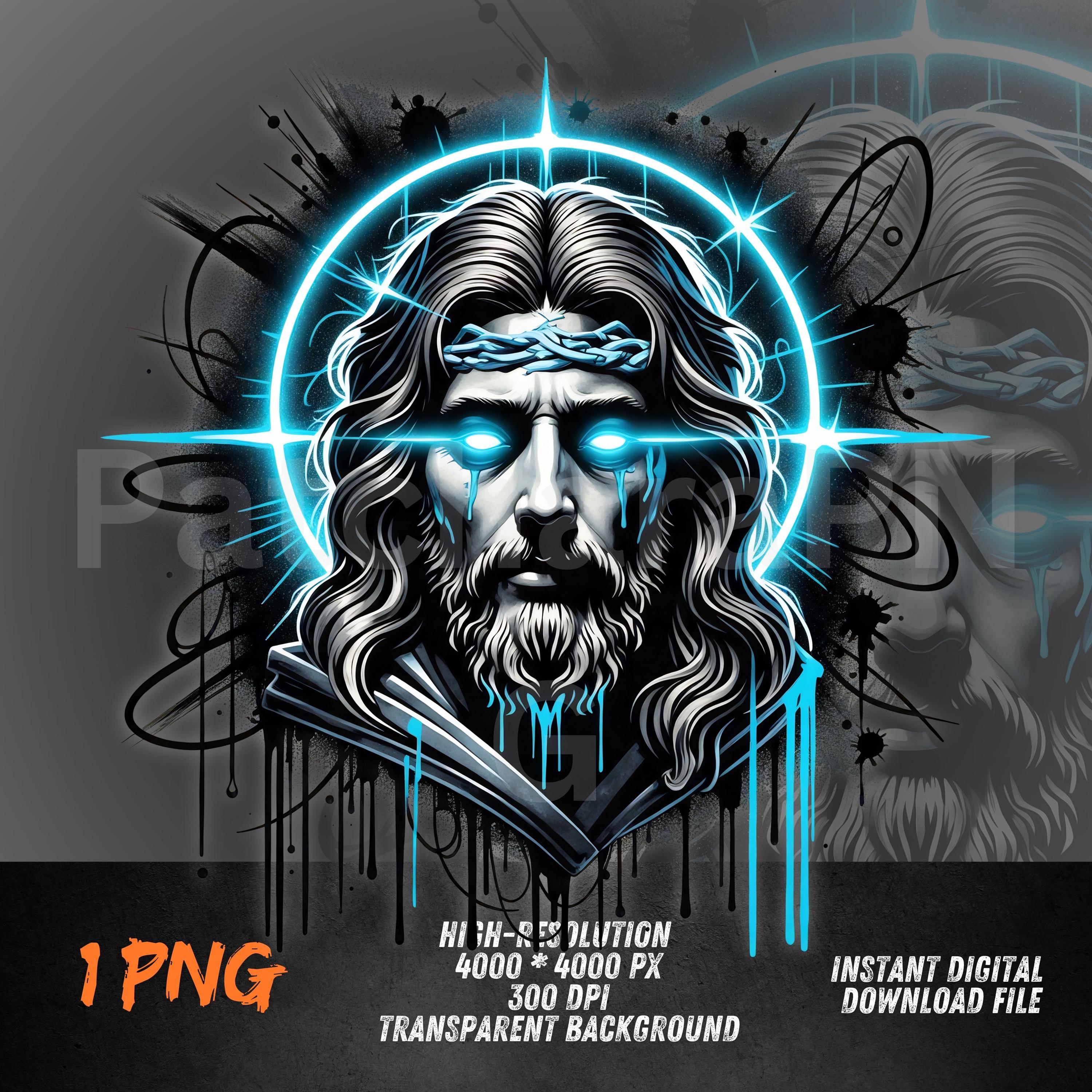Jesus Dark Art PNG Neon Blue Halo Chrome Drip Religious Illustration - Etsy