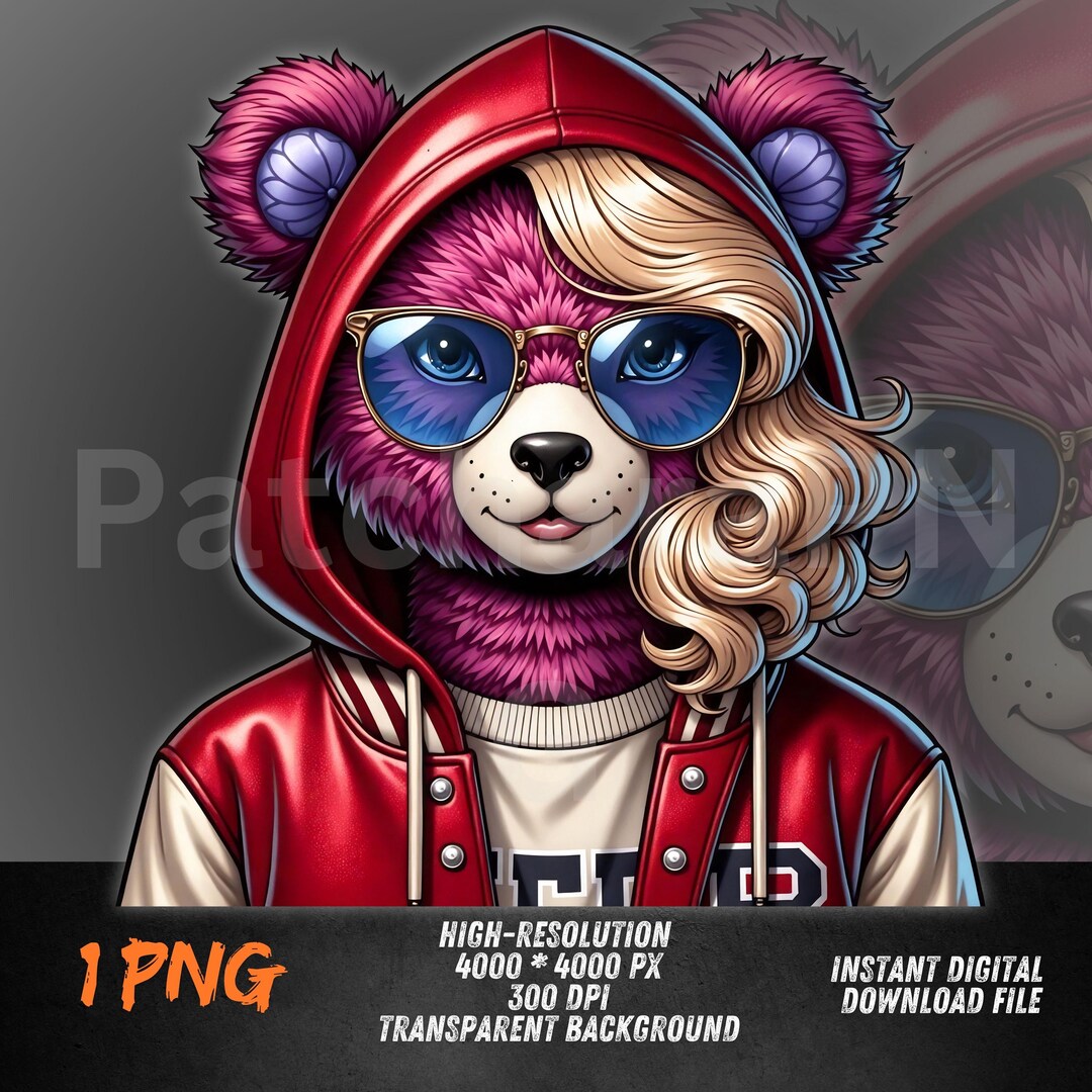 Glam Teddy PNG | Pink Rockstar Bear Clipart With Hoodie and Glasses ...
