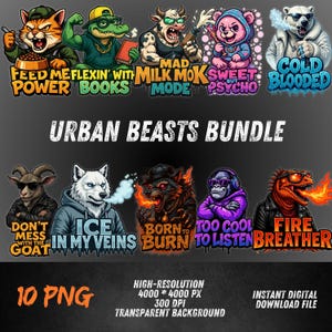 Urban Beasts PNG Bundle | 10 Street Animal Clipart With Power Quotes ...