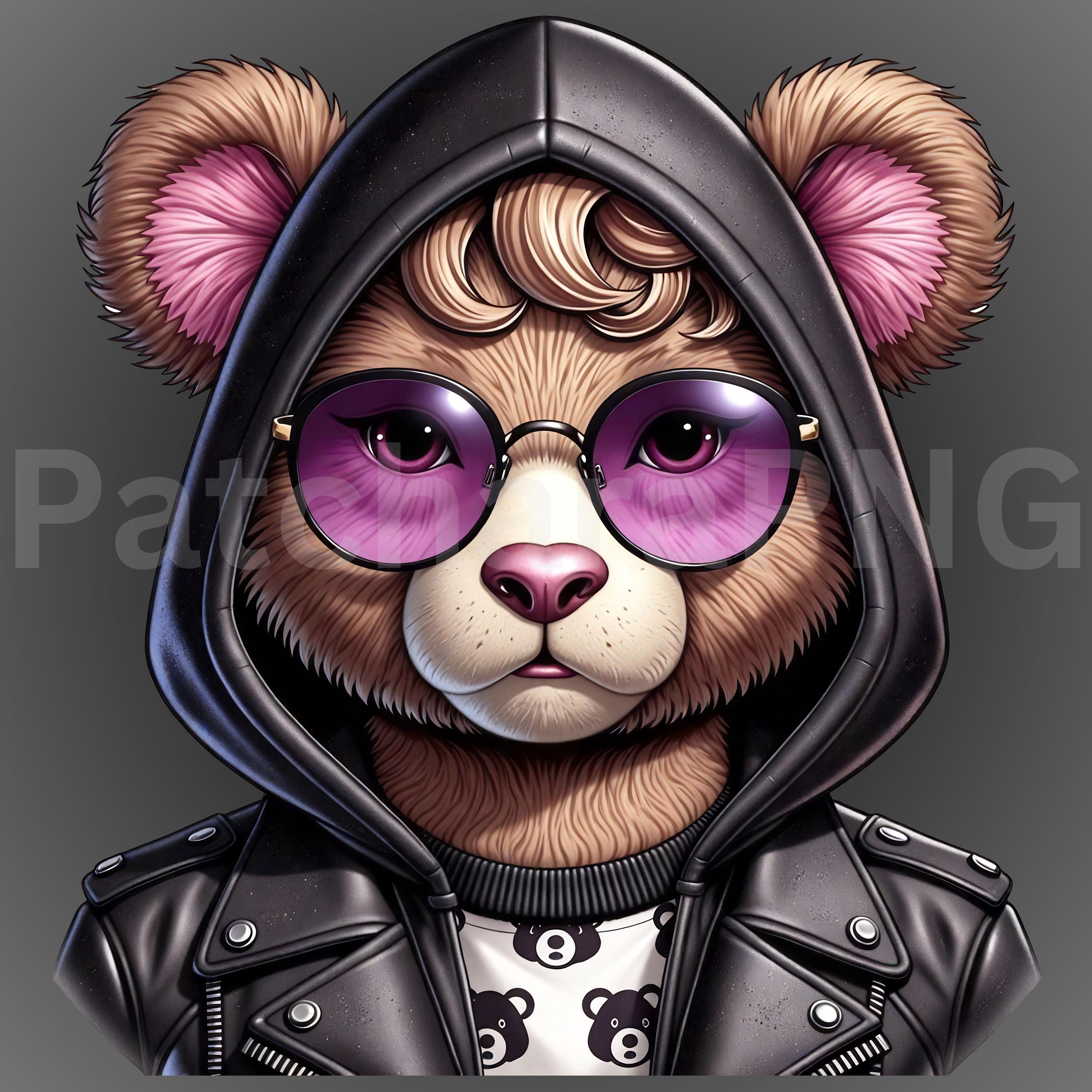 Cool Hoodie Bear PNG | Teddy Clipart With Pink Glasses and Leather ...