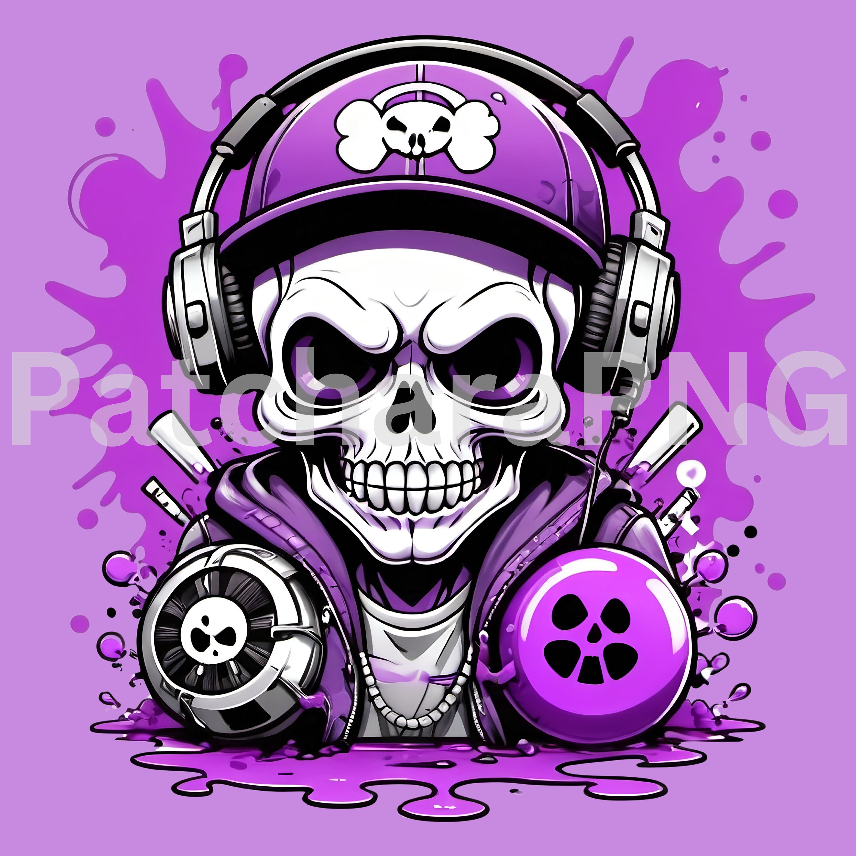 DJ Skull PNG | Skull With Headphones Clipart | Purple Skull Art | Music ...