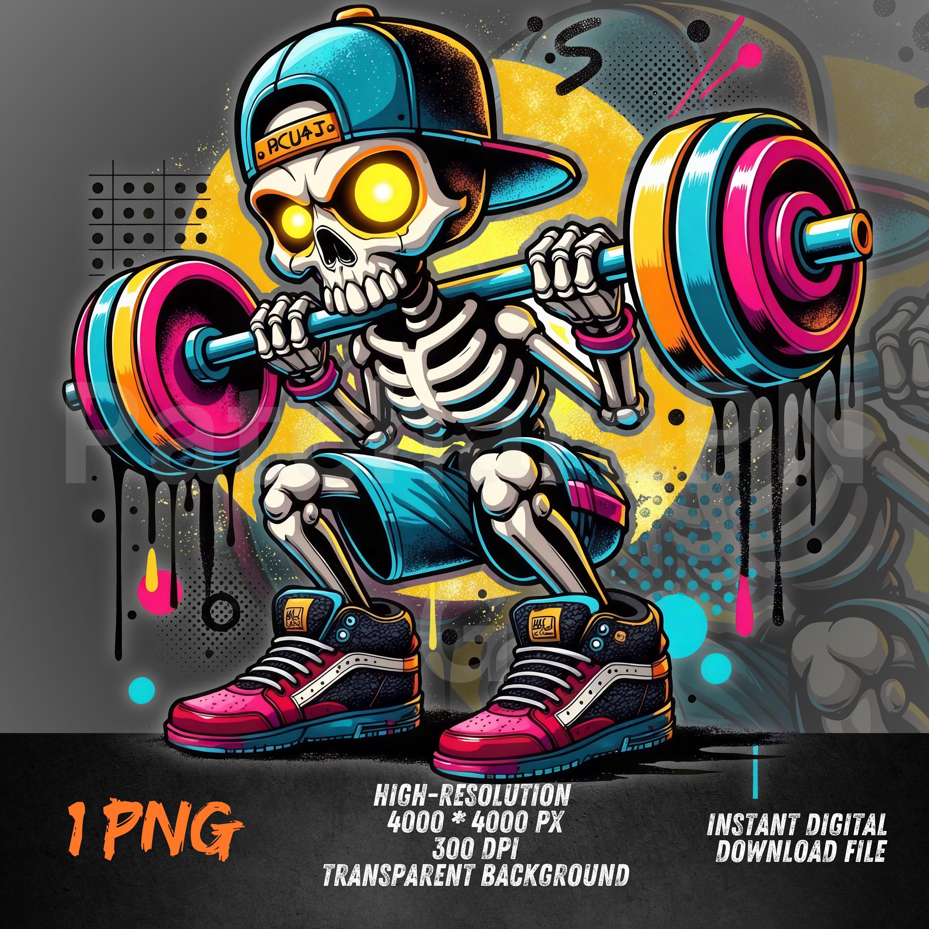 Skeleton Gym PNG Graffiti Style | Skull Weightlifting Clipart Hip Hop ...
