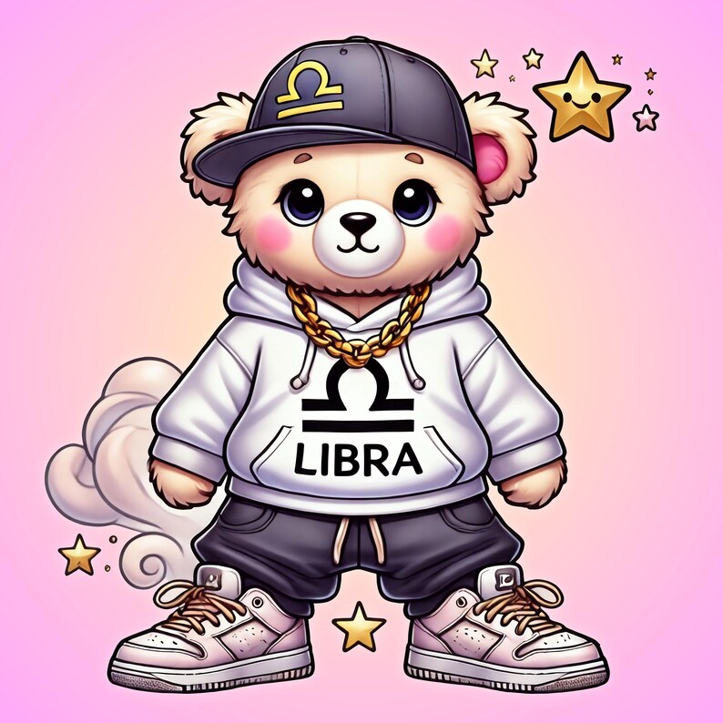 Libra Zodiac Bear in Streetwear Cute Libra Cartoon Character PNG ...