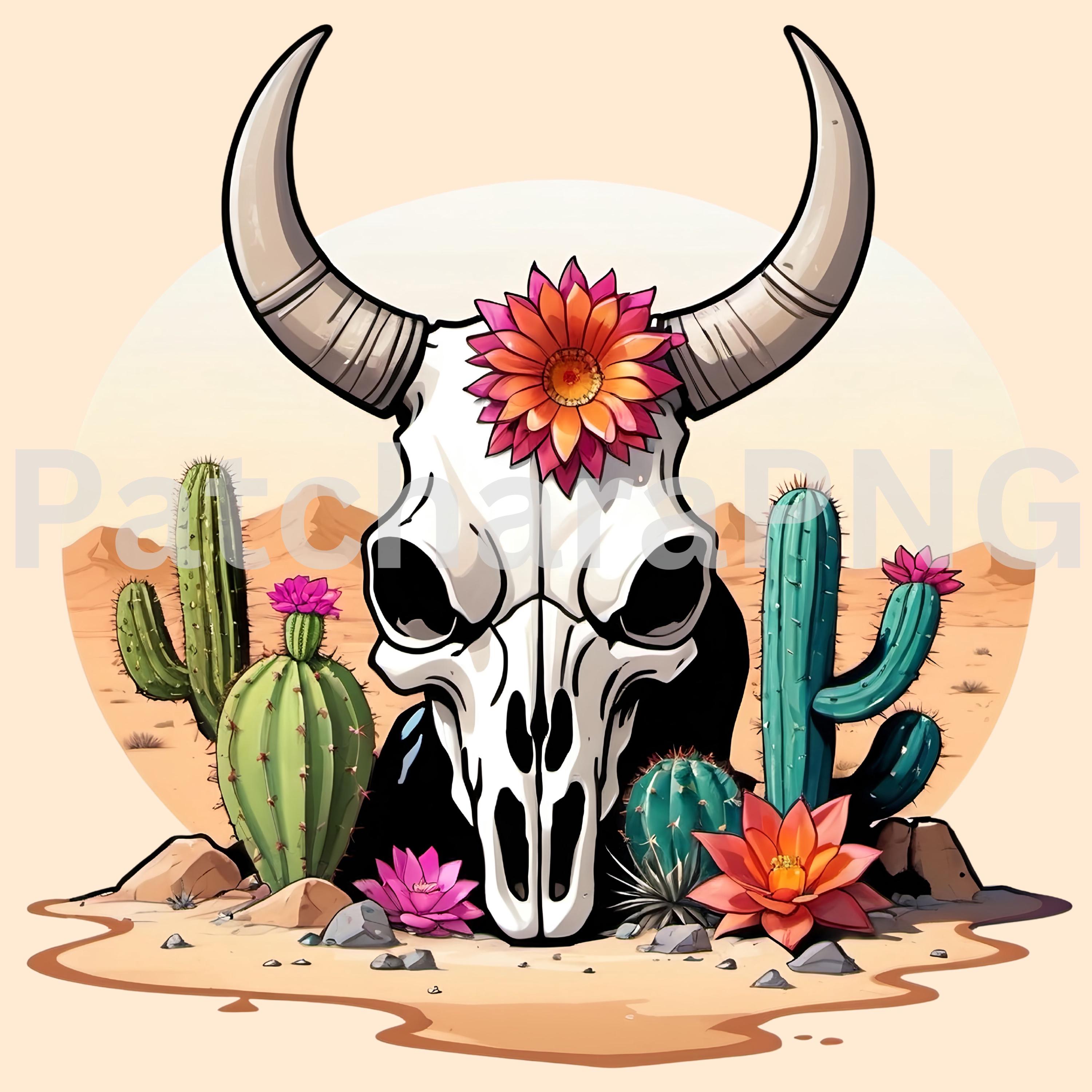 Desert Cow Skull Graffiti Art With Cacti and Flowers Cow Skull and ...
