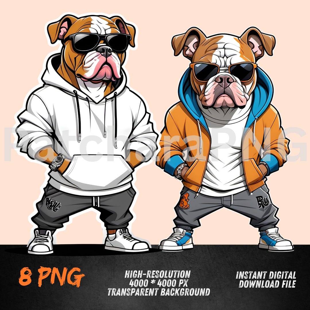 Swag Bulldog PNG | Twin Bulldog Clipart in Hoodies | Urban Street Dog ...