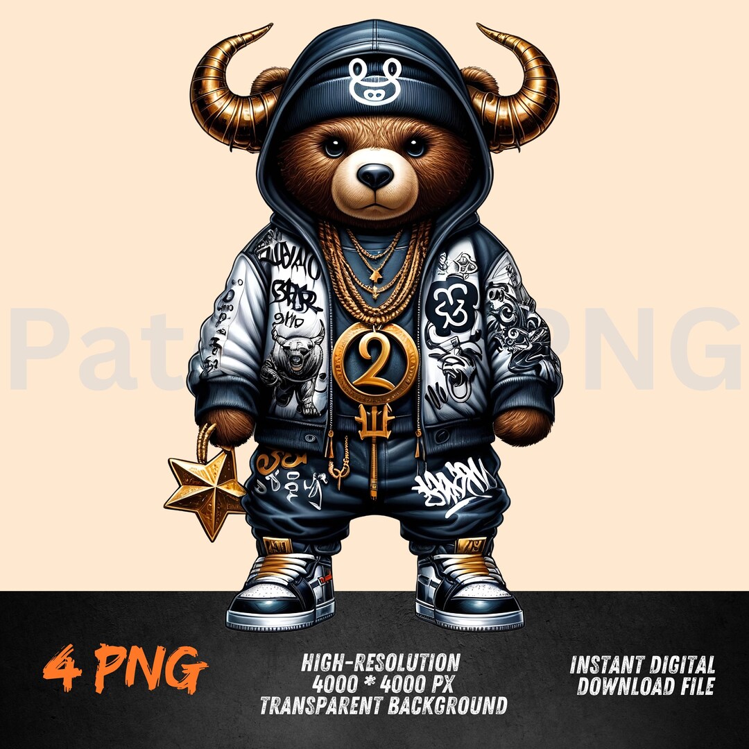 Taurus Hip-hop Teddy Bear Zodiac Clipart | Cool Taurus Bear With Gold ...