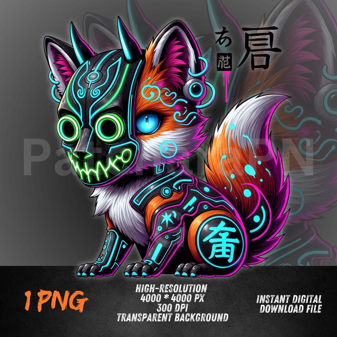 Cyber Kitsune PNG – Japanese Fox Neon Clipart for DTF Transfer ...