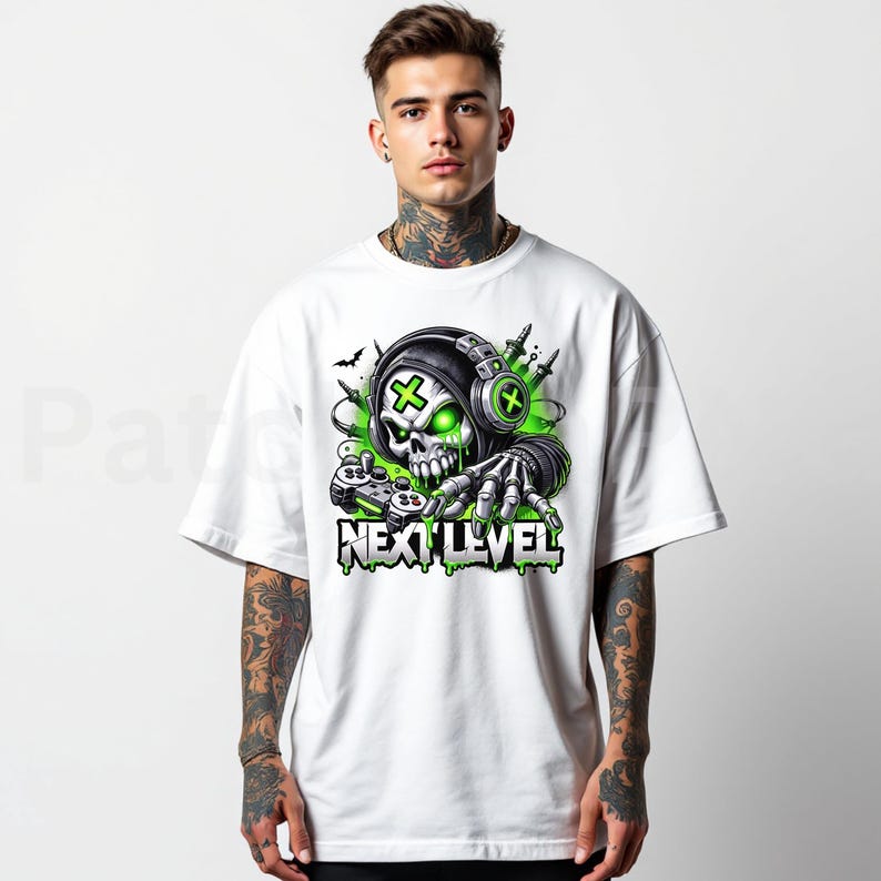 Gaming Skull PNG , Gamer Skull Neon Green Graffiti Controller Art for T ...