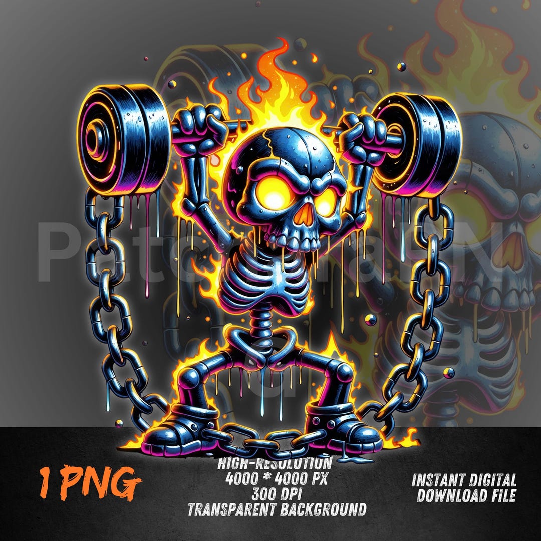 Flaming Skeleton Lifting PNG – Graffiti Gym Skull With Chains for DTF ...