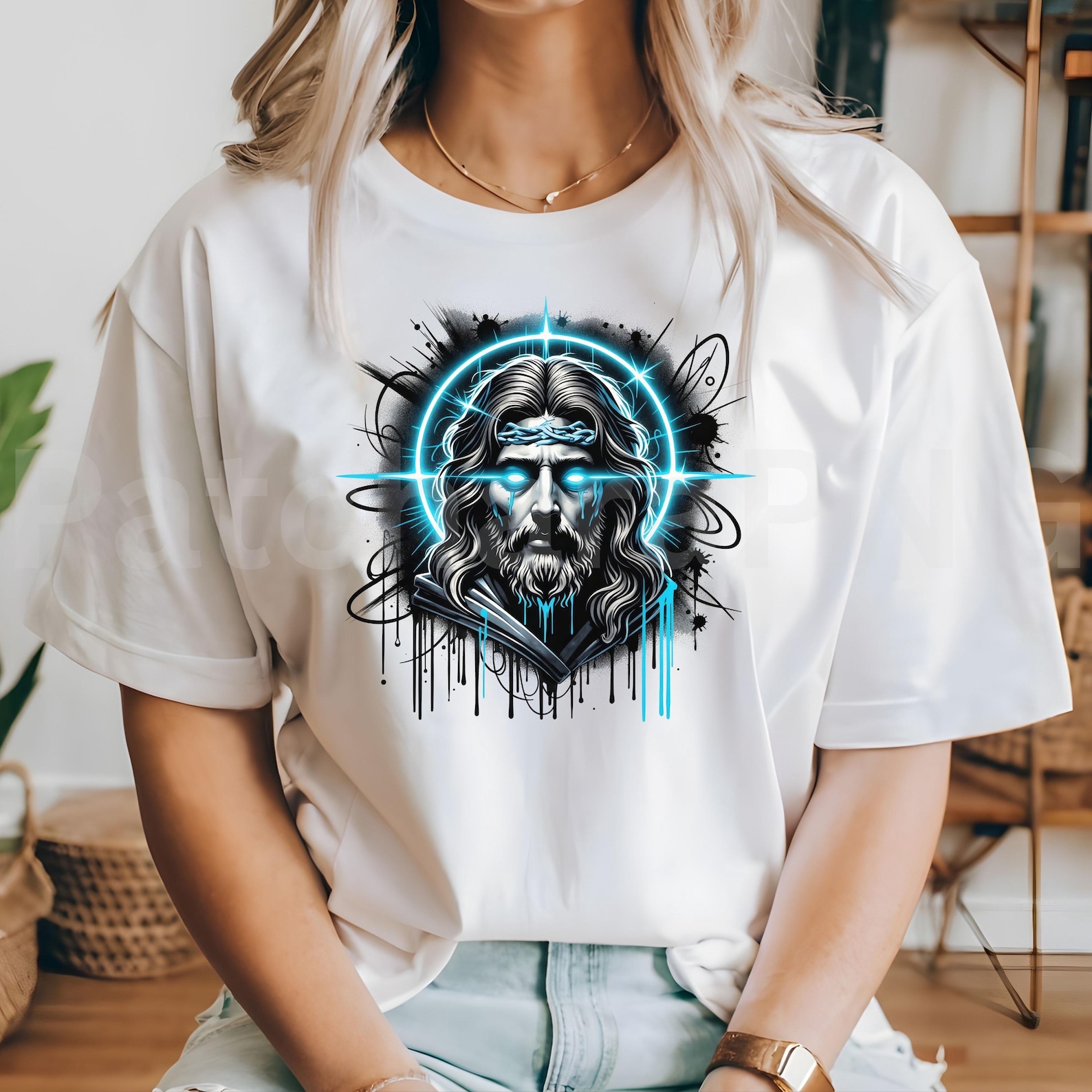 Jesus Dark Art PNG Neon Blue Halo Chrome Drip Religious Illustration - Etsy