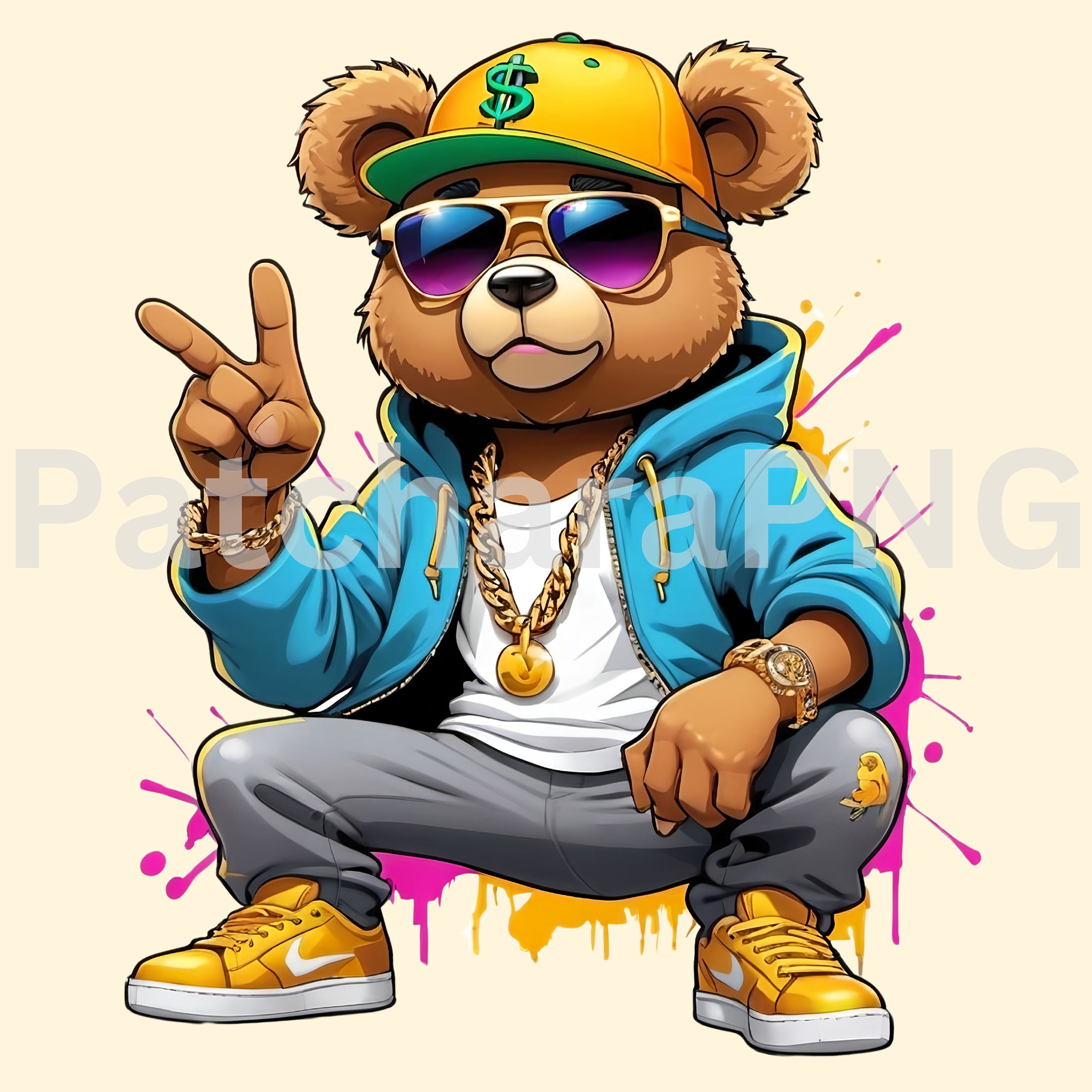 Peace Sign Bear PNG | Blue Teddy Clipart in Shades and Chains | Hip Hop ...