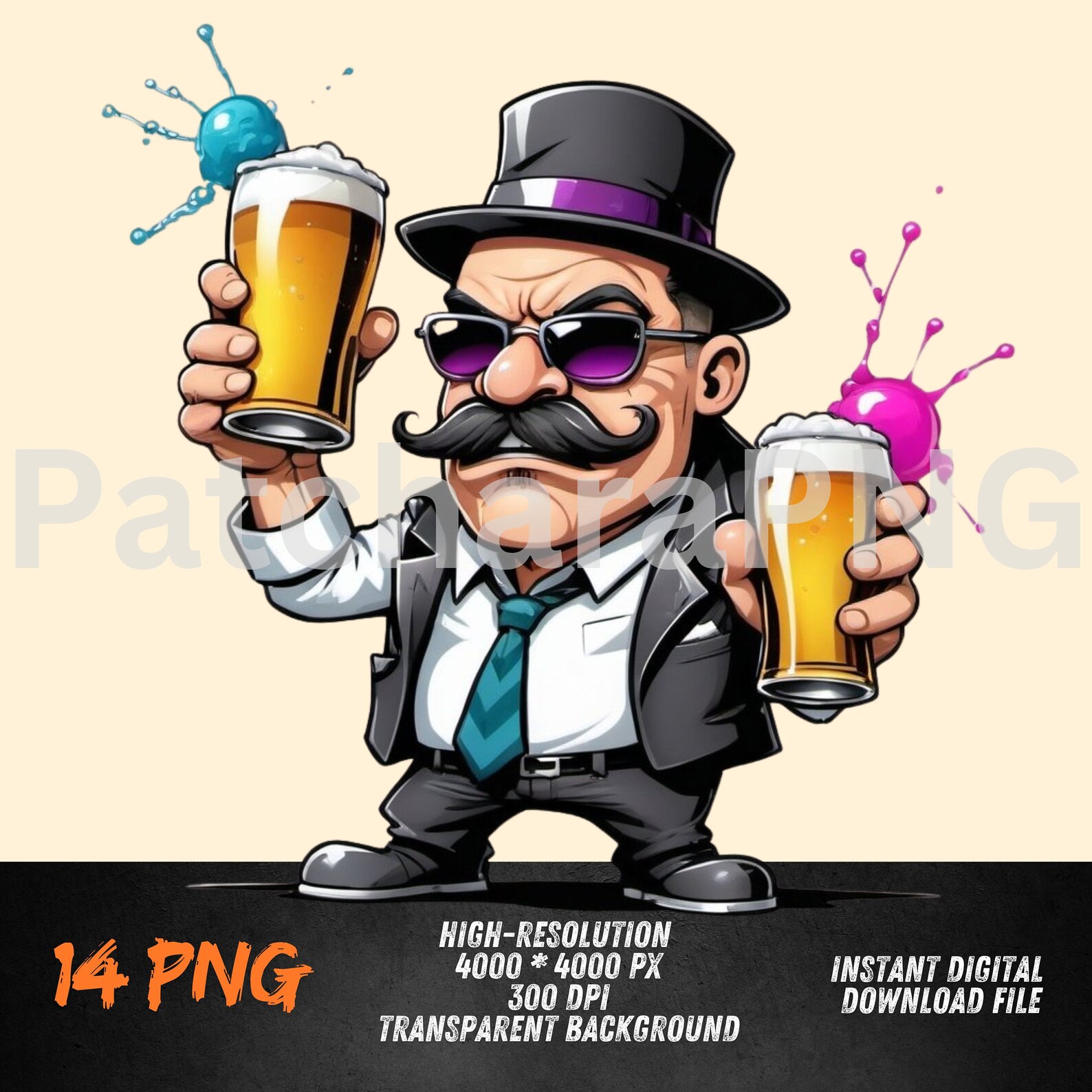 Gangster Beer Lover Cartoon Clipart Funny Beer Character PNG for T ...