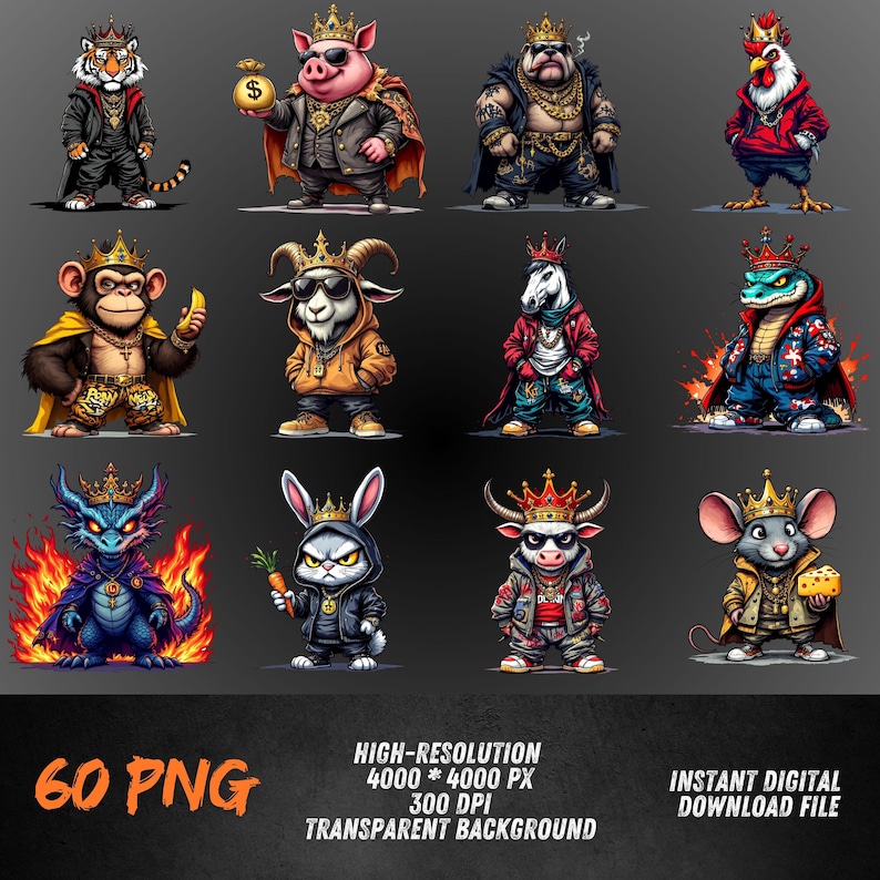 Gangster Animal PNG Bundle | Cool Crowned Animals Sublimation | Hip Hop ...