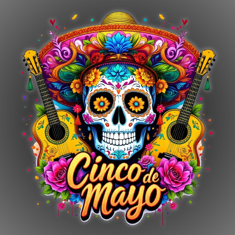 Cinco De Mayo Skull PNG | Sugar Skull With Sombrero Guitars | Mexican ...