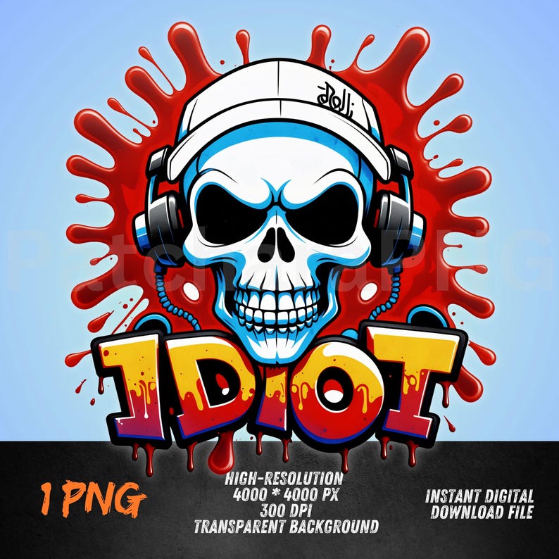Gamer Skull Idiot Graffiti Art PNG | Cool Skull With Headphones Graphic ...