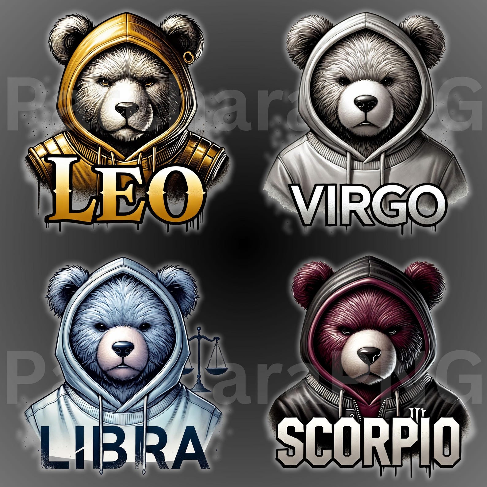 Zodiac Bear PNG Bundle | 12 Horoscope Bear Clipart in Hoodies ...