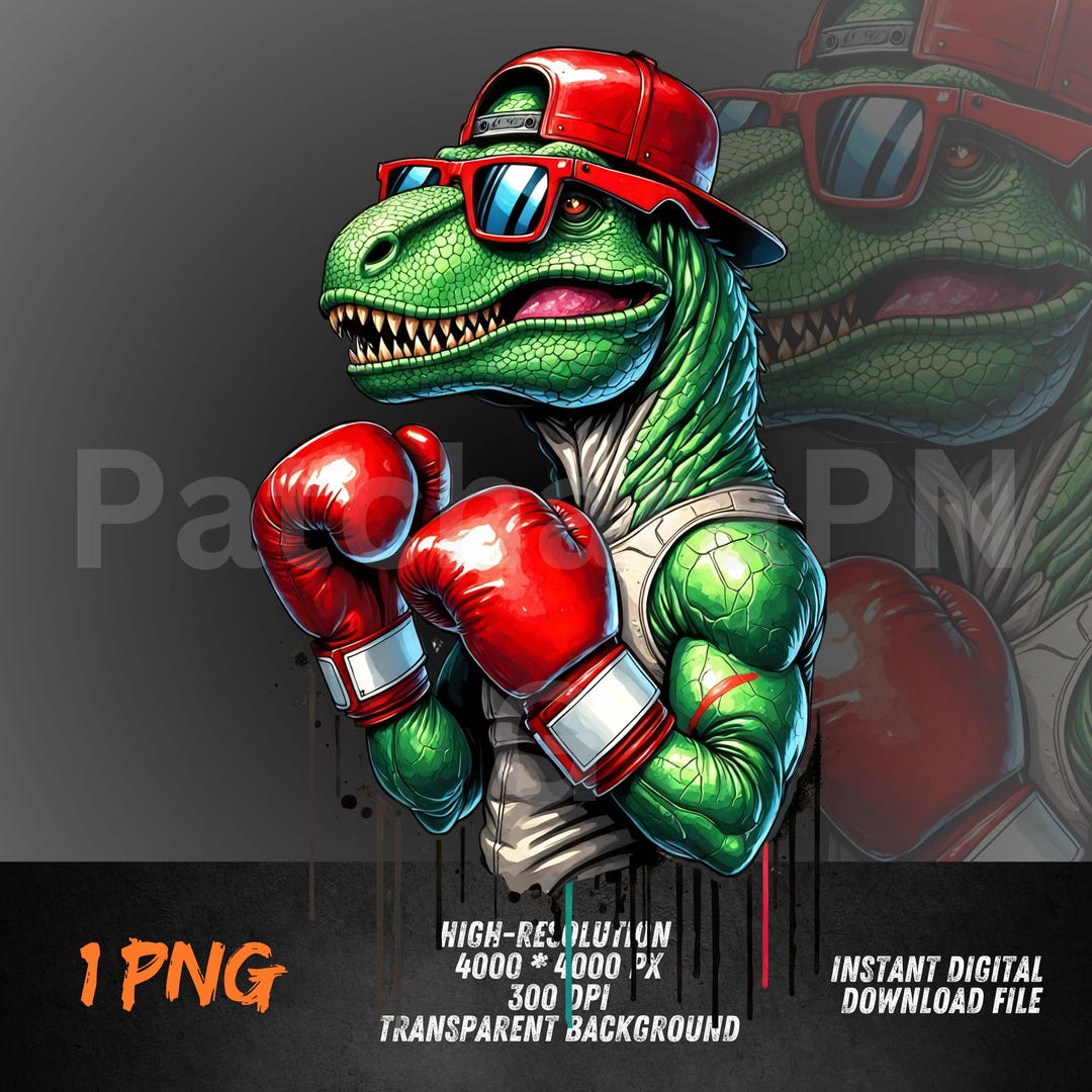 Boxing Dino PNG – Funny Cartoon Dinosaur With Red Gloves for DTF ...