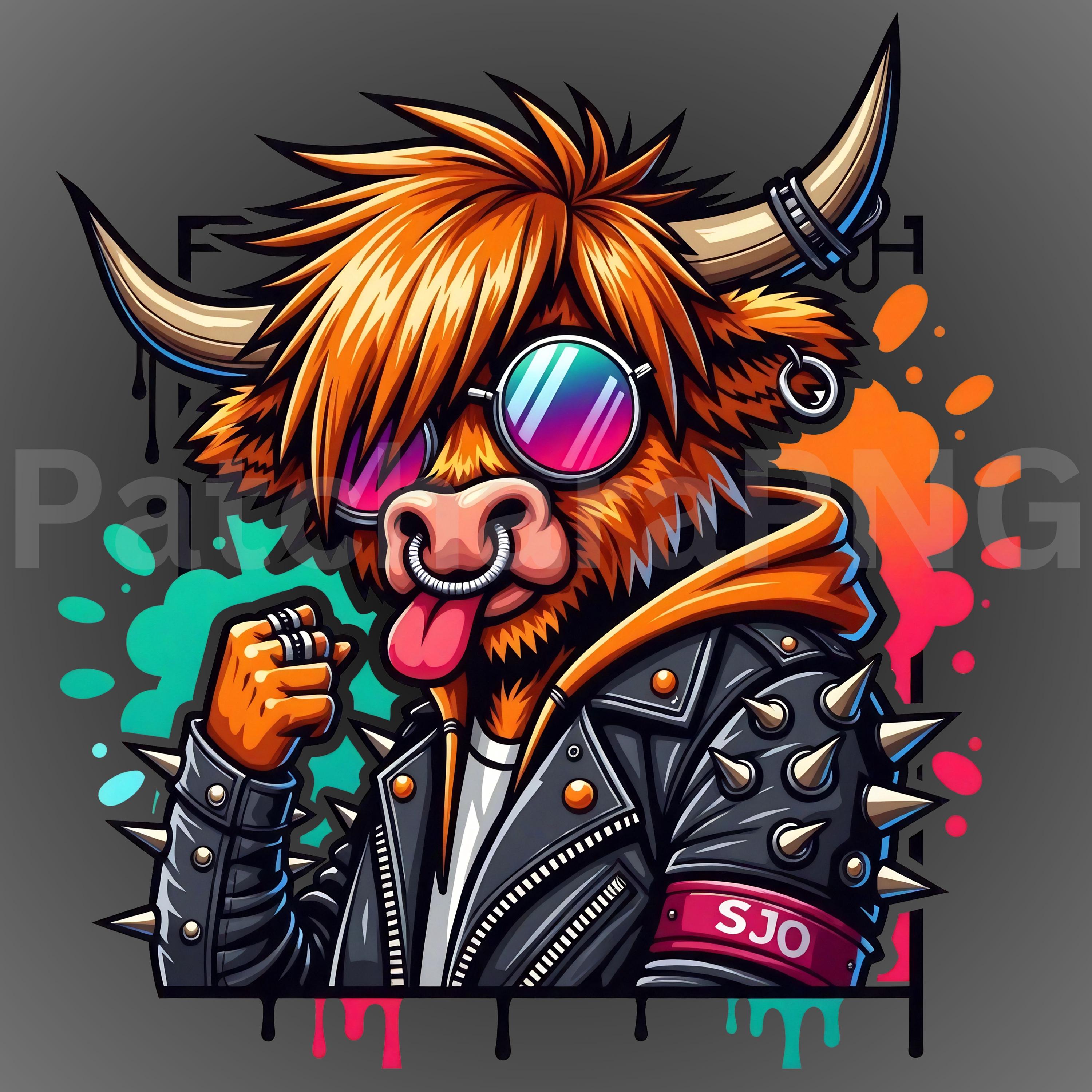Punk Cow PNG | Highland Cow Clipart in Studded Leather Jacket | Rebel ...