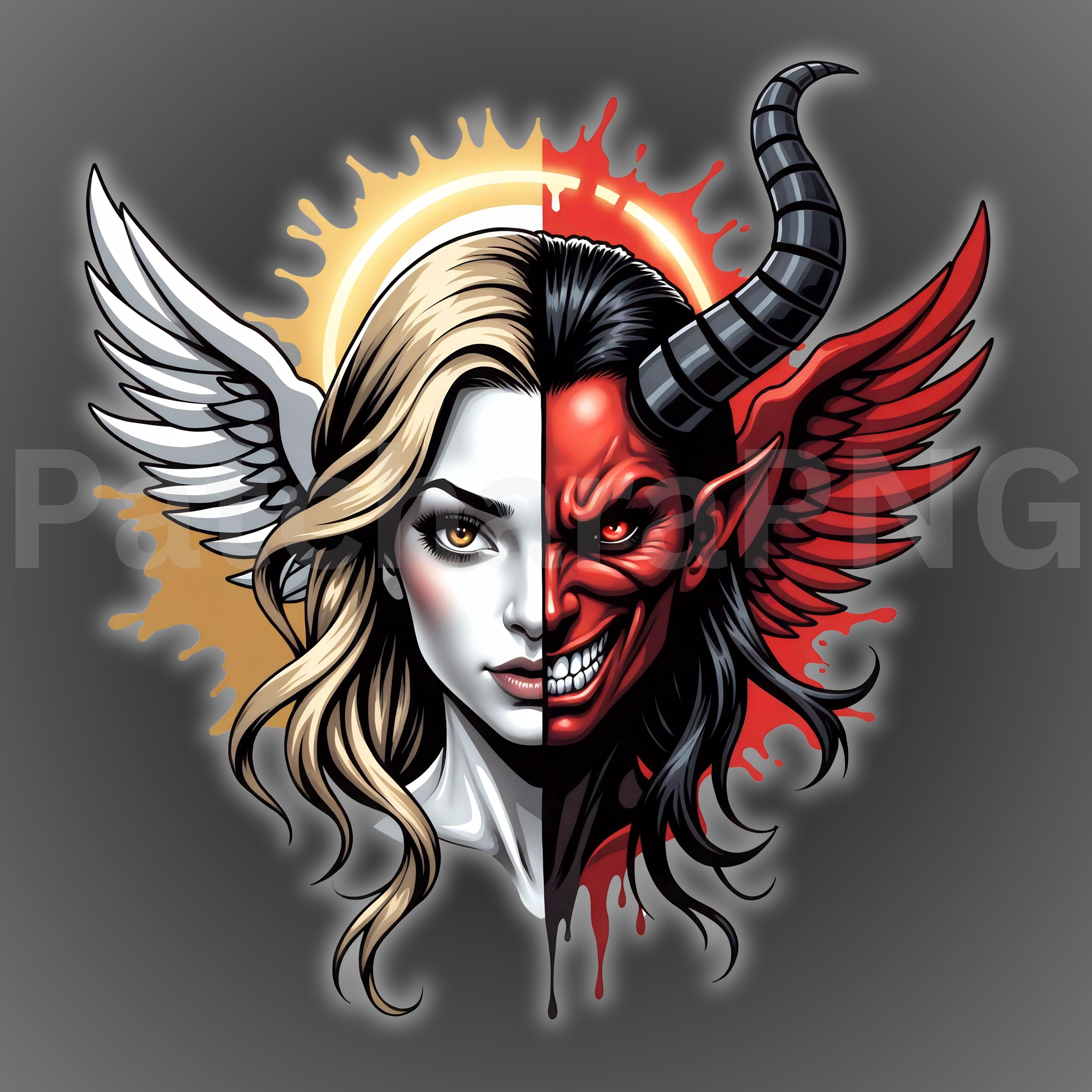 Angel and Demon Face Split PNG – Gothic Tattoo Style Sublimation Design ...
