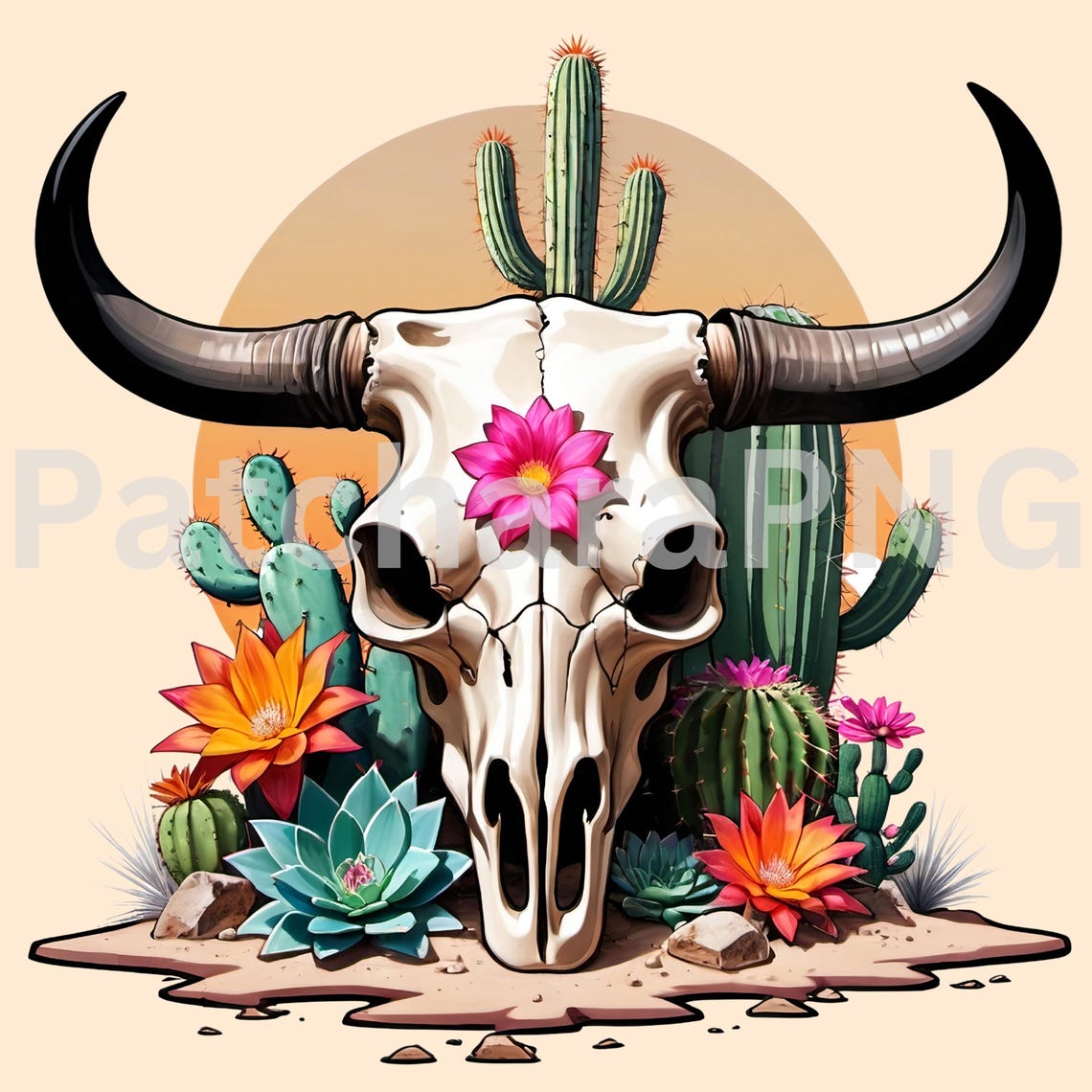 Desert Cow Skull Graffiti Art With Cacti and Flowers Cow Skull and ...