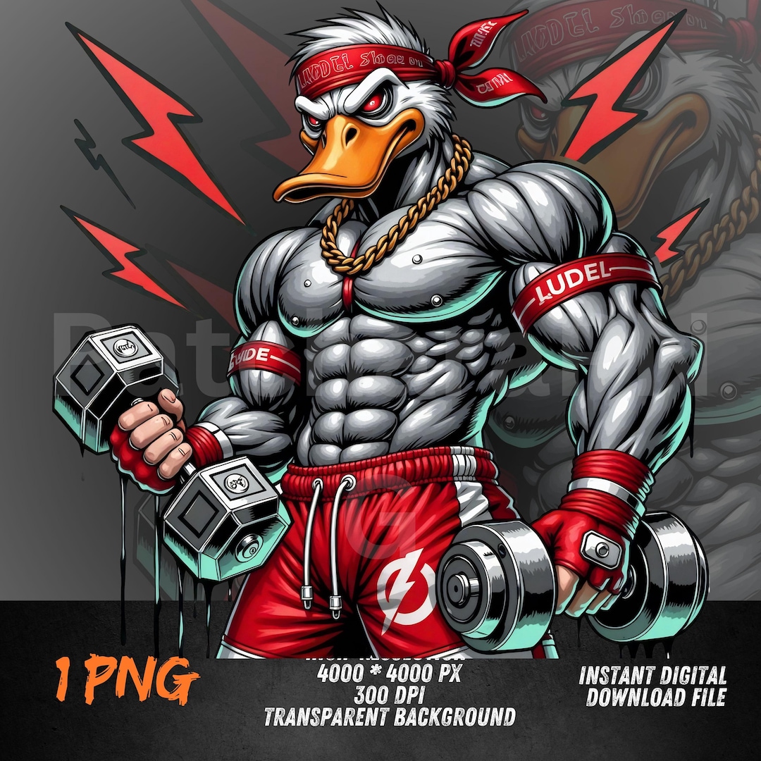 Lightning Duck Gym PNG, Buff Fitness Mascot With Dumbbells, DTF ...
