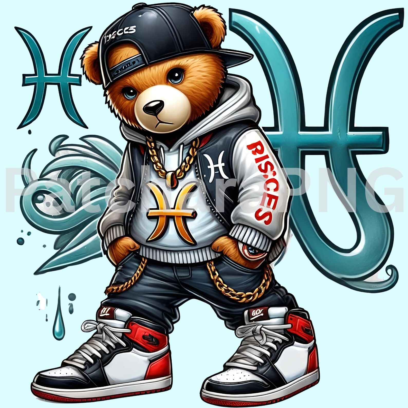 Pisces Zodiac Hip-hop Teddy Bear Clipart | Cool Cartoon Bear With ...