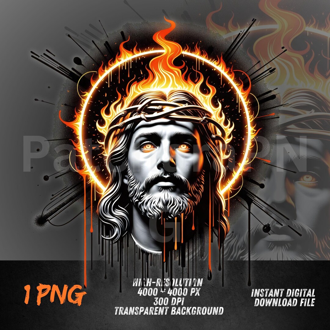 Jesus Dark Art PNG Fire Halo Chrome Drip Orange Glow Religious ...