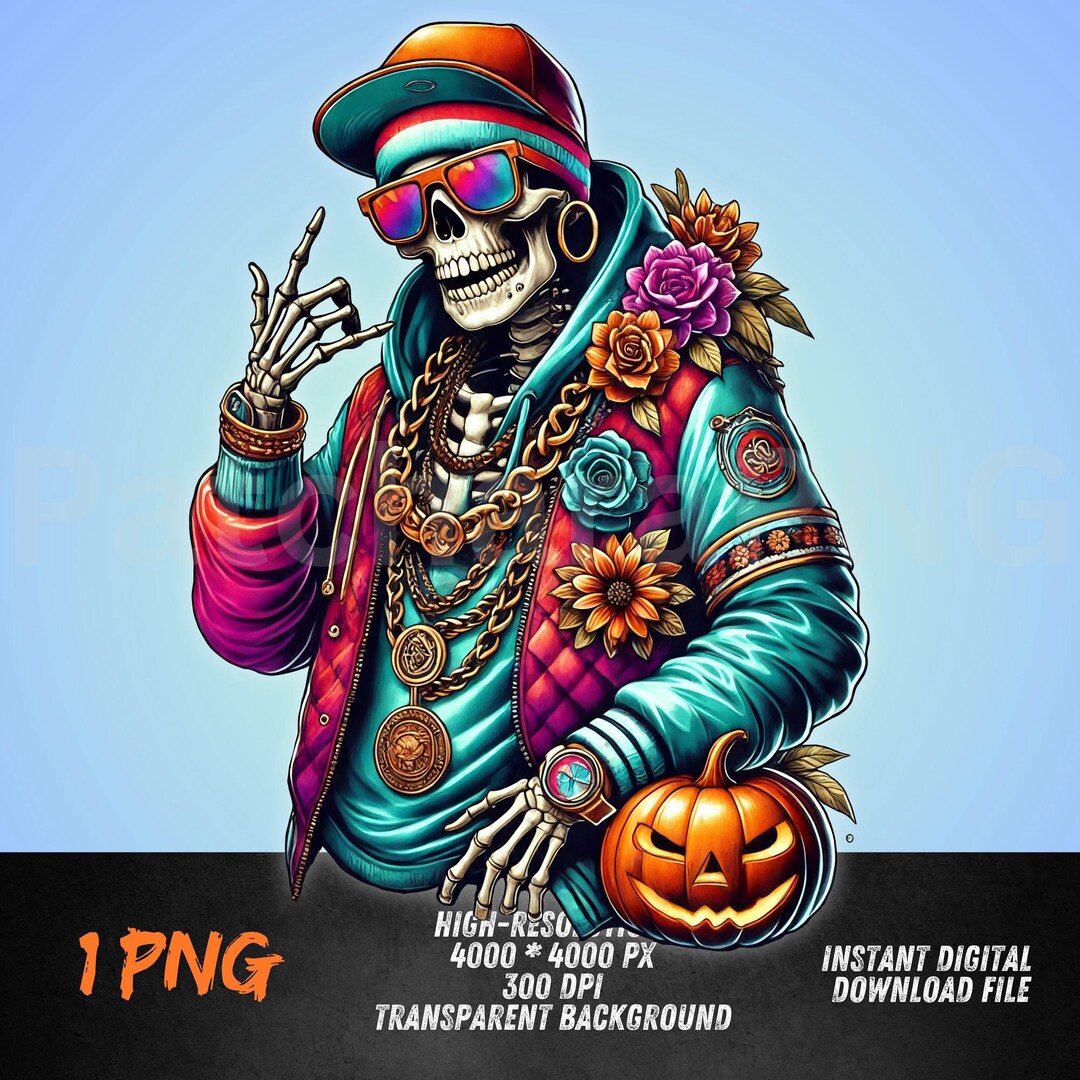 Cool Hip-hop Skeleton PNG | Halloween Streetwear Skeleton With Flowers ...