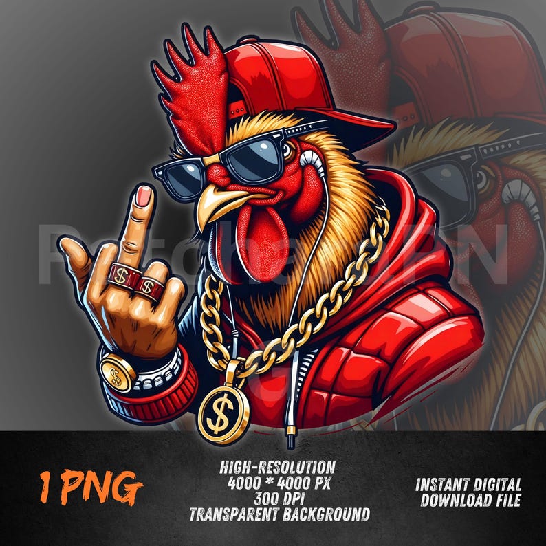 Rude Rooster PNG | Gangsta Chicken Clipart With Red Jacket and Gesture ...