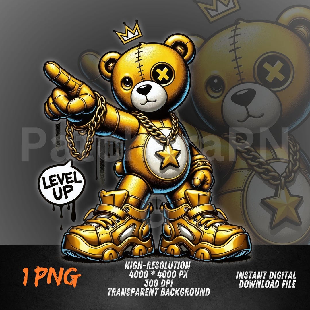 Level up Gold Bear PNG – Crowned Graffiti Teddy Clipart With Chain for ...