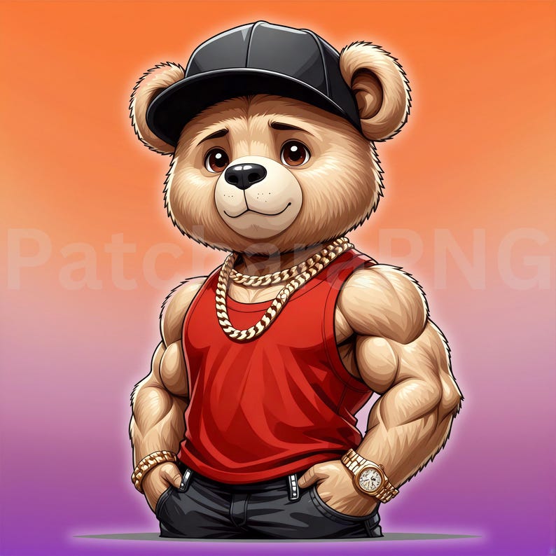 Muscular Teddy Bear Clipart | Hip-hop Gym Bear PNG | Strong Urban Bear ...