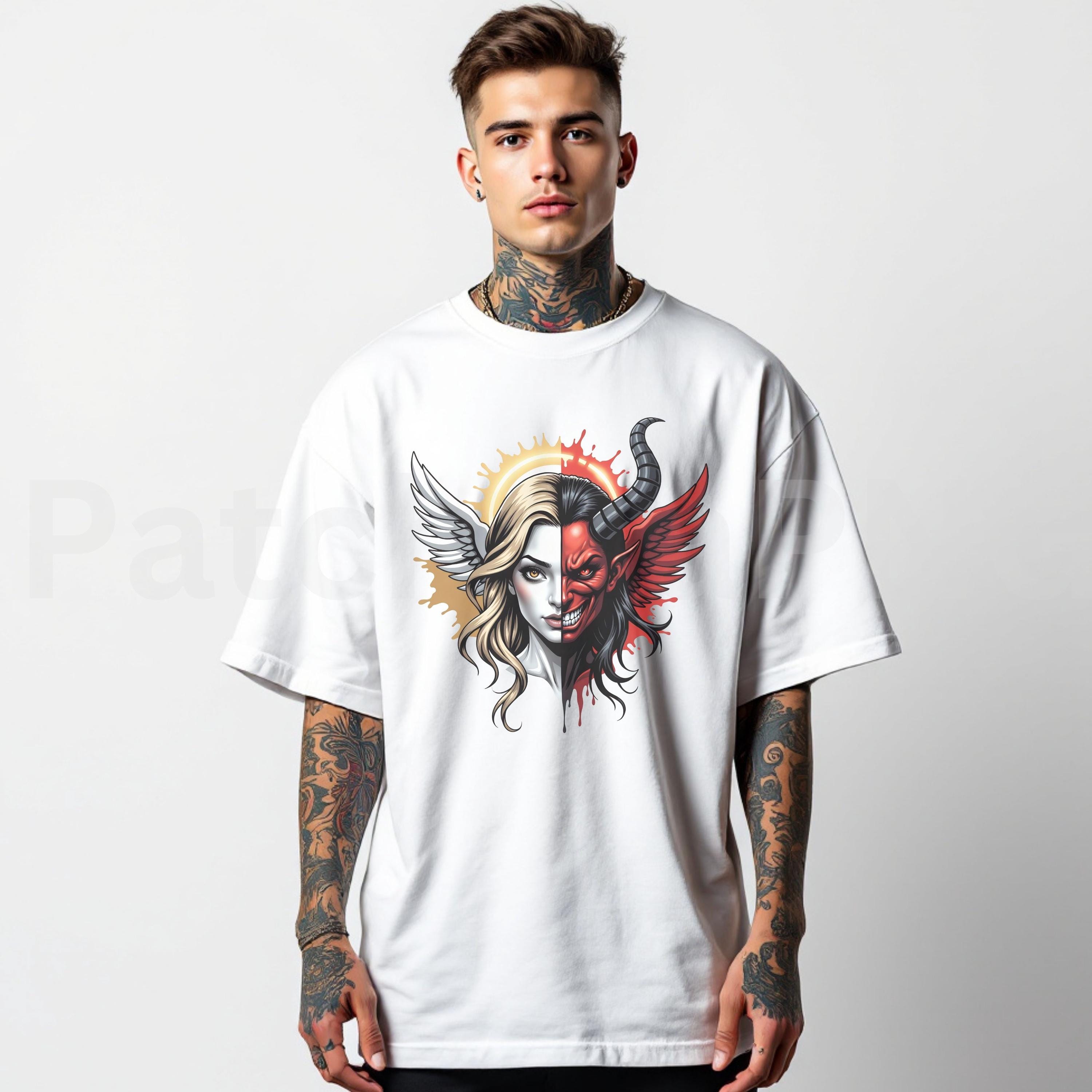 Angel and Demon Face Split PNG – Gothic Tattoo Style Sublimation Design ...